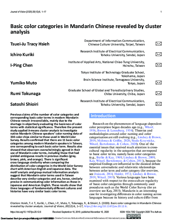 (PDF) Basic color categories in Mandarin Chinese revealed by cluster ...