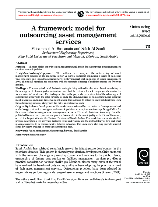 (PDF) A framework model for outsourcing asset management services