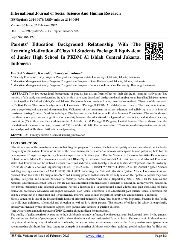 (PDF) Parents' Education Background Relationship With The Learning ...