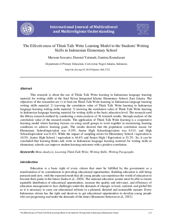 (PDF) The Effectiveness of Think Talk Write Learning Model to the ...