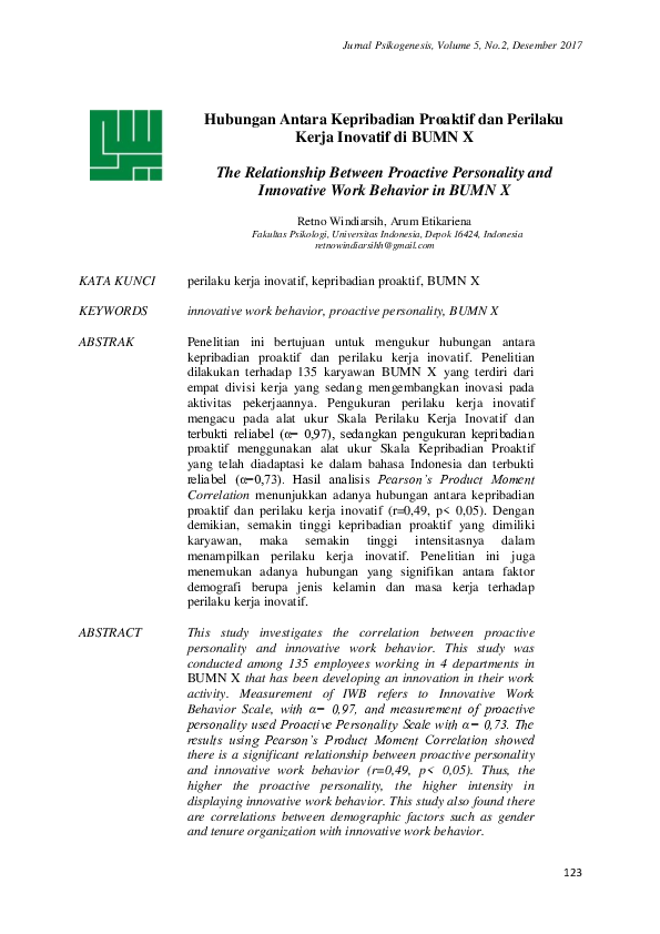 (PDF) Hubungan antara kepribadian proaktif dan perilaku kerja inovatif di BUMN X = The ...