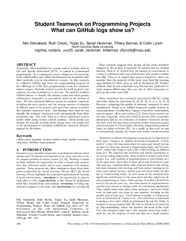 (PDF) Student Teamwork on Programming Projects. What can GitHub logs show us