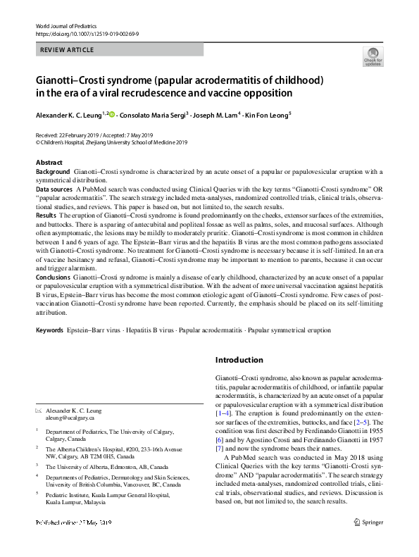 (PDF) Gianotti–Crosti syndrome (papular acrodermatitis of childhood) in ...