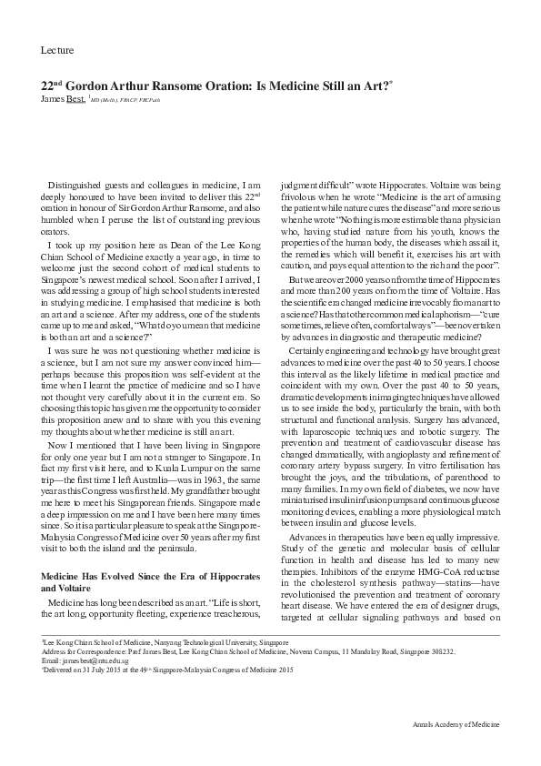 (PDF) 22nd Gordon Arthur Ransome Oration: Is Medicine Still an Art?