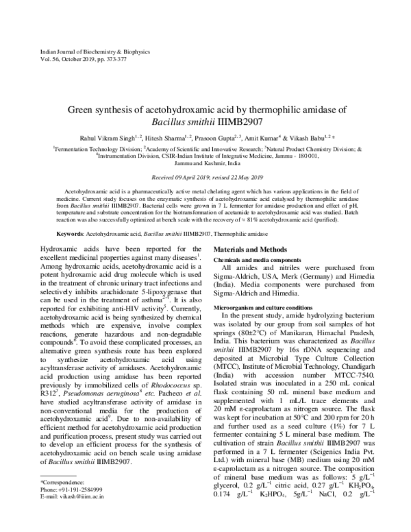 (PDF) Green synthesis of acetohydroxamic acid by thermophilic amidase ...