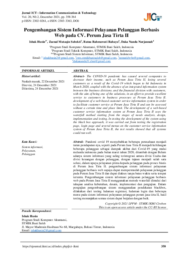 (PDF) Pengembangan Sistem Informasi Pelayanan Pelanggan Berbasis Web pada CV. Perum Jasa Tirta II