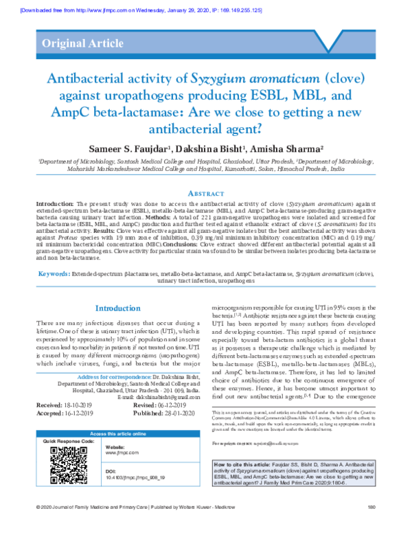 (PDF) Antibacterial activity of Syzygium aromaticum (clove) against uropathogens producing ESBL ...