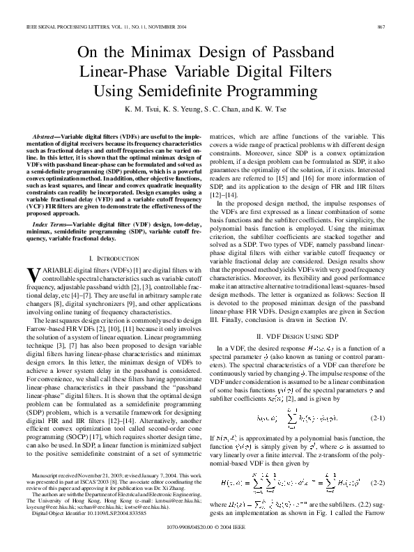 (PDF) On the Minimax Design of Passband Linear-Phase Variable Digital Filters Using Semidefinite ...