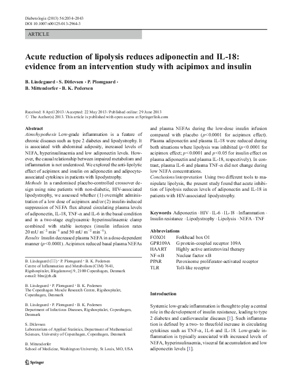 (PDF) Acute reduction of lipolysis reduces adiponectin and IL-18 ...