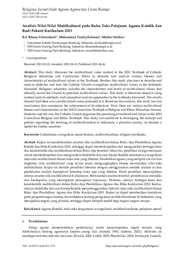 (PDF) Analisis Nilai-Nilai Multikultural pada Buku Teks Pelajaran Agama Katolik dan Budi Pekerti ...