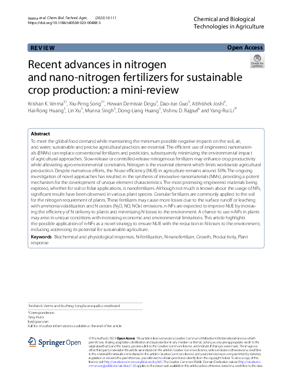 (PDF) Recent advances in nitrogen and nano-nitrogen fertilizers for sustainable crop production ...