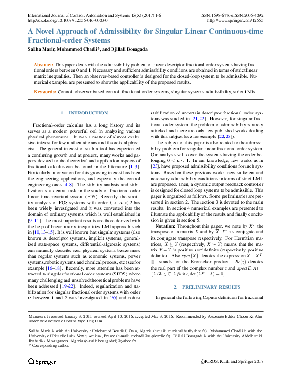 Pdf A Novel Approach Of Admissibility For Singular Linear Continuous Time Fractional Order Systems