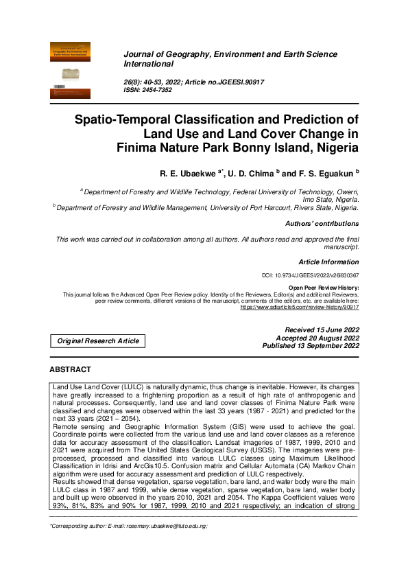 (PDF) Spatio-Temporal Classification and Prediction of Land Use and Land Cover Change in Finima ...