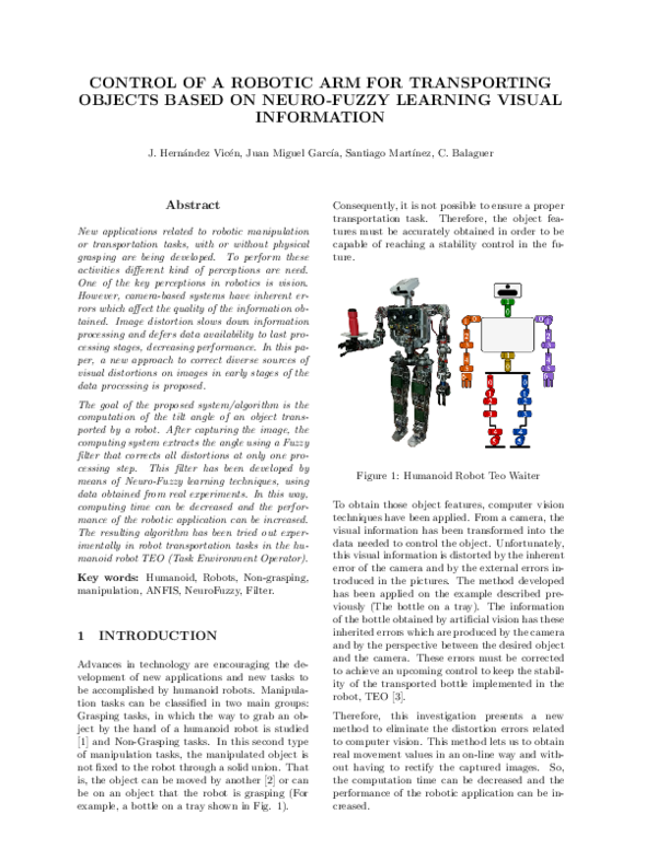 (PDF) Control of a robotic arm for transporting objects based on neuro-fuzzy learning visual ...