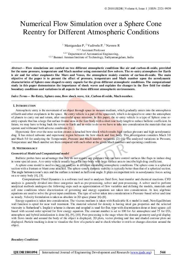 (PDF) Numerical Flow Simulation over a Sphere Cone Reentry for Different Atmospheric Conditions