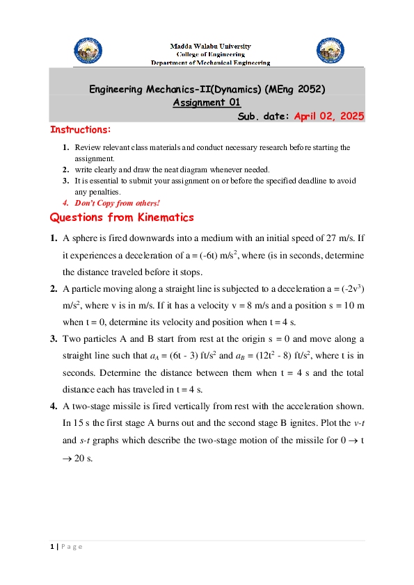 (PDF) Engineering Mechanics-II(Dynamics) (MEng 2052) Assignment 01 Sub. date: April 02, 2025 ...