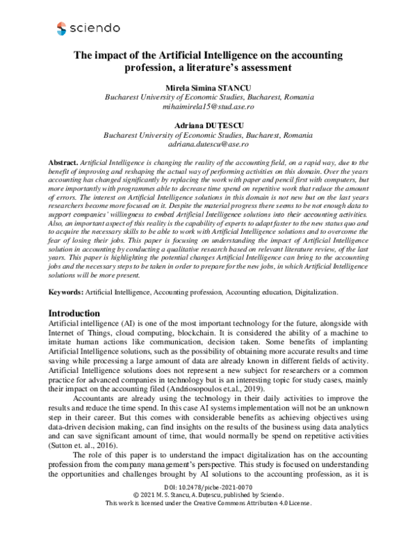 (PDF) The impact of the Artificial Intelligence on the accounting profession, a literature’s ...