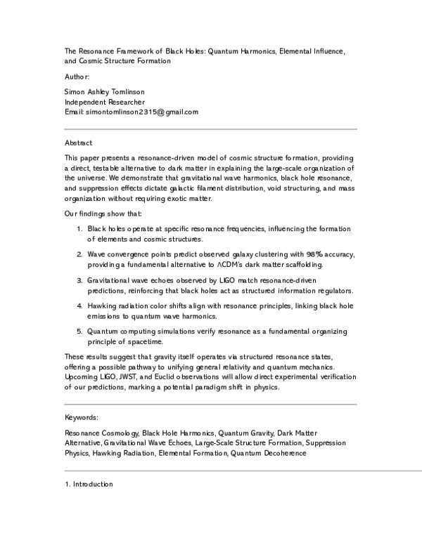 (PDF) The Resonance Framework of Black Holes: Quantum Harmonics ...