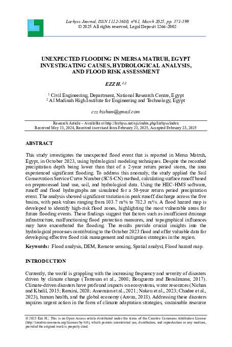 (PDF) UNEXPECTED FLOODING IN MERSA MATRUH, EGYPT INVESTIGATING CAUSES, HYDROLOGICAL ANALYSIS ...