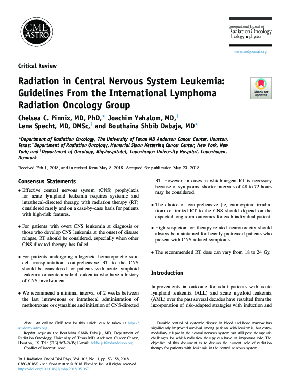 (PDF) Radiation in Central Nervous System Leukemia: Guidelines From the ...
