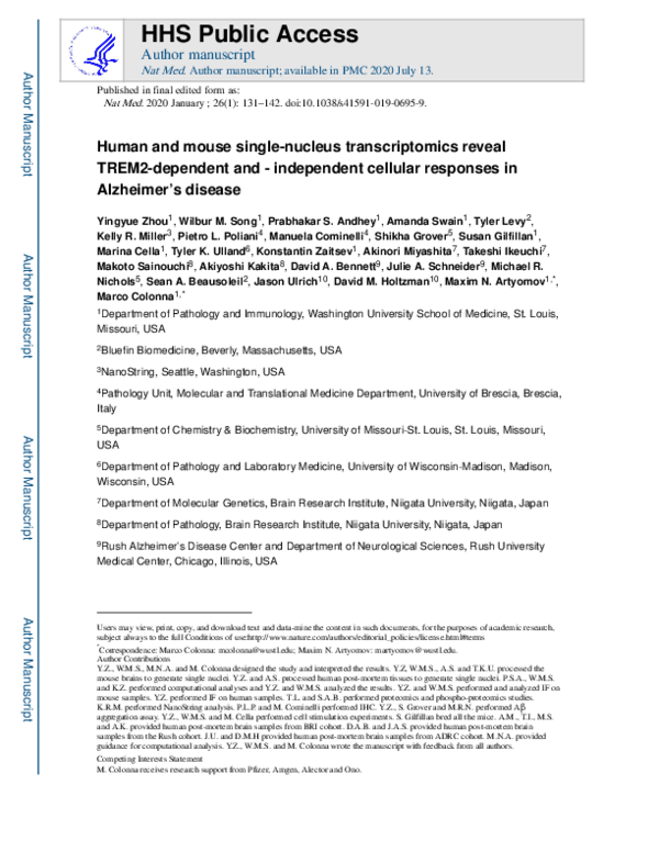 (PDF) Human and mouse single-nucleus transcriptomics reveal TREM2 ...