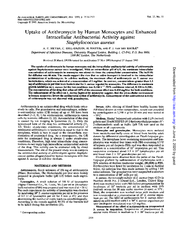 (PDF) Uptake of azithromycin by human monocytes and enhanced ...