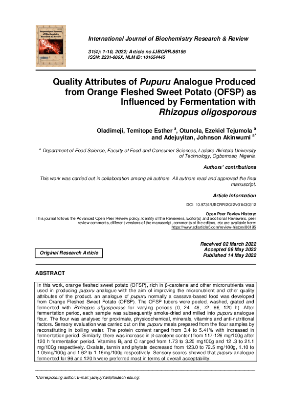 Quality Attributes of Pupuru Analogue Produced from Orange Fleshed ...