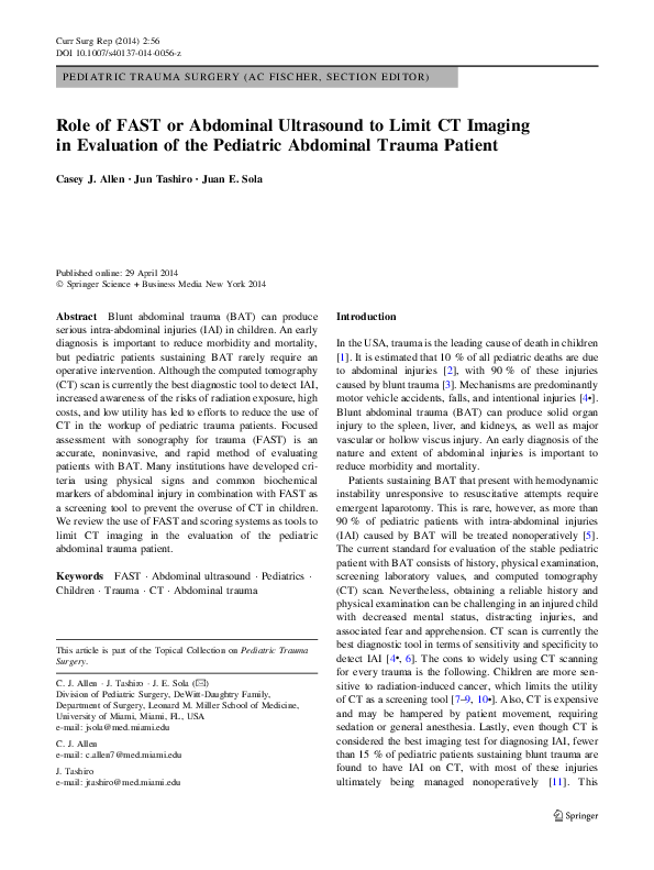 (PDF) Role of FAST or Abdominal Ultrasound to Limit CT Imaging in ...