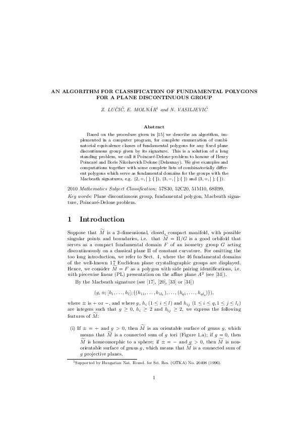 (PDF) AN ALGORITHM FOR CLASSIFICATION OF FUNDAMENTAL POLYGONS FOR A ...
