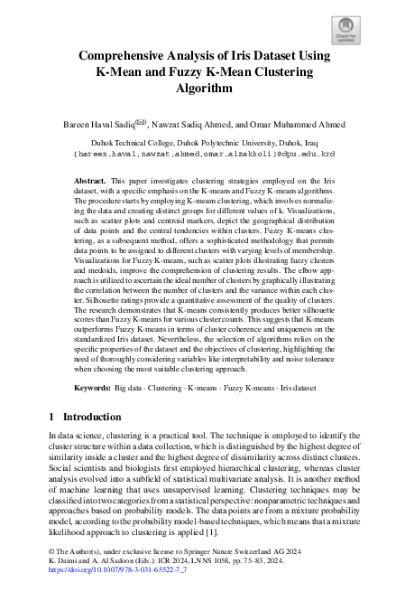 (PDF) Comprehensive Analysis of Iris Dataset Using K-Mean and Fuzzy K-Mean Clustering Algorithm