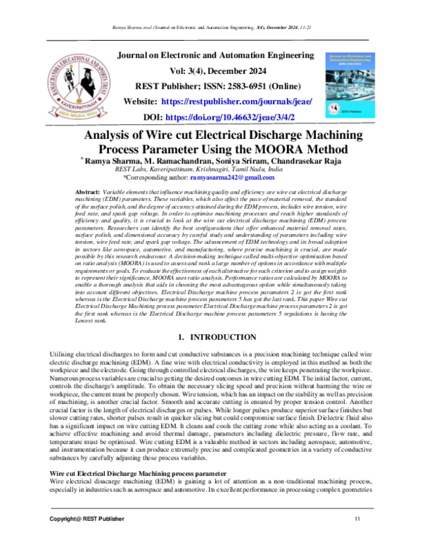 (PDF) Analysis of Wire cut Electrical Discharge Machining Process Parameter Using the MOORA Method