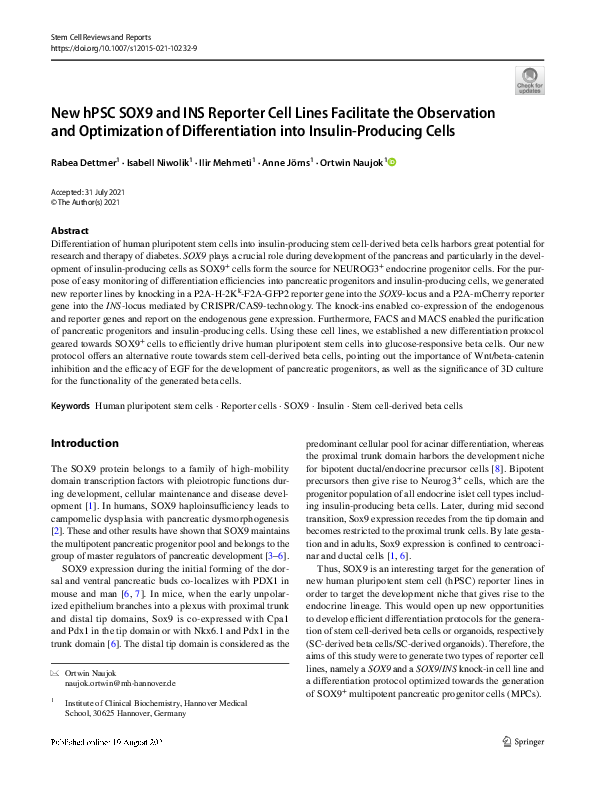(PDF) New hPSC SOX9 and INS Reporter Cell Lines Facilitate the ...