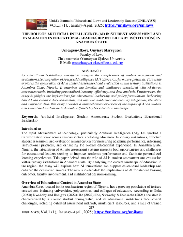 (PDF) THE ROLE OF ARTIFICIAL INTELLIGENCE (AI) IN STUDENT ASSESSMENT AND EVALUATION IN ...