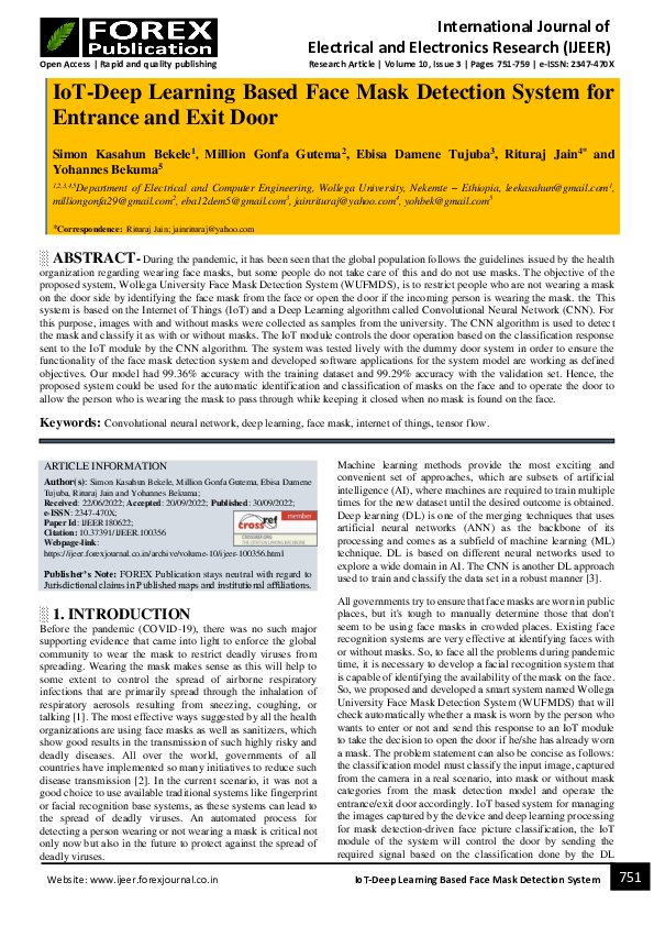 (PDF) IoT-Deep Learning Based Face Mask Detection System for Entrance ...