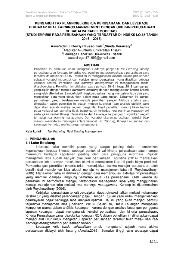 (PDF) Pengaruh Tax Planning, Kinerja Perusahaan, Dan Leverage Terhadap Real Earnings Management ...