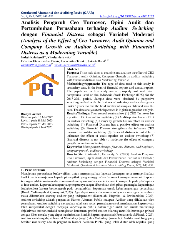 (PDF) Analisis Pengaruh Ceo Turnover, Opini Audit dan Pertumbuhan Perusahaan terhadap Auditor ...