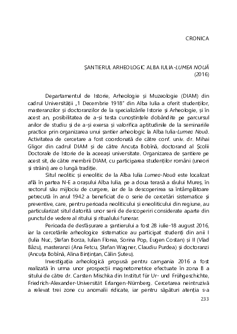 (PDF) Cronica, „Șantierul arheologic de la Alba Iulia-Lumea Nouă”