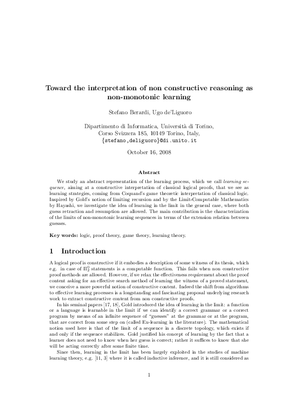 (PDF) Toward the interpretation of non-constructive reasoning as non-monotonic learning