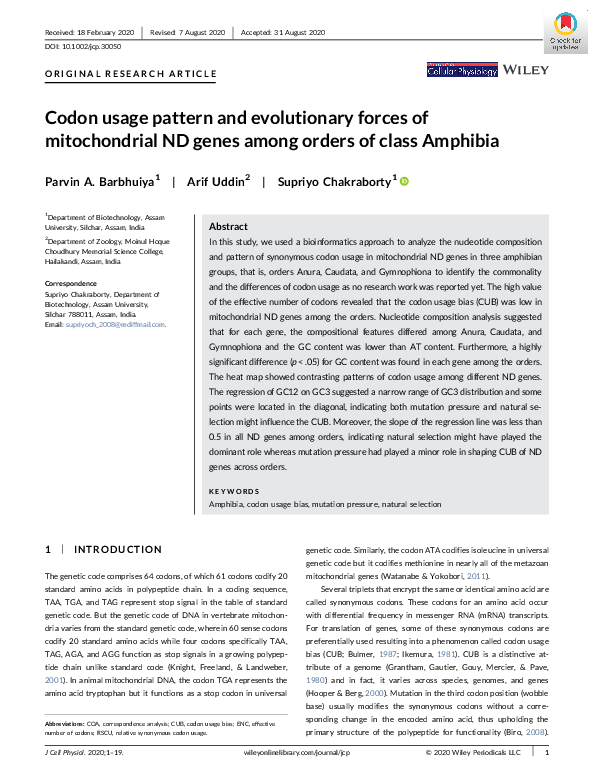 Codon usage pattern and evolutionary forces of mitochondrial ND genes ...