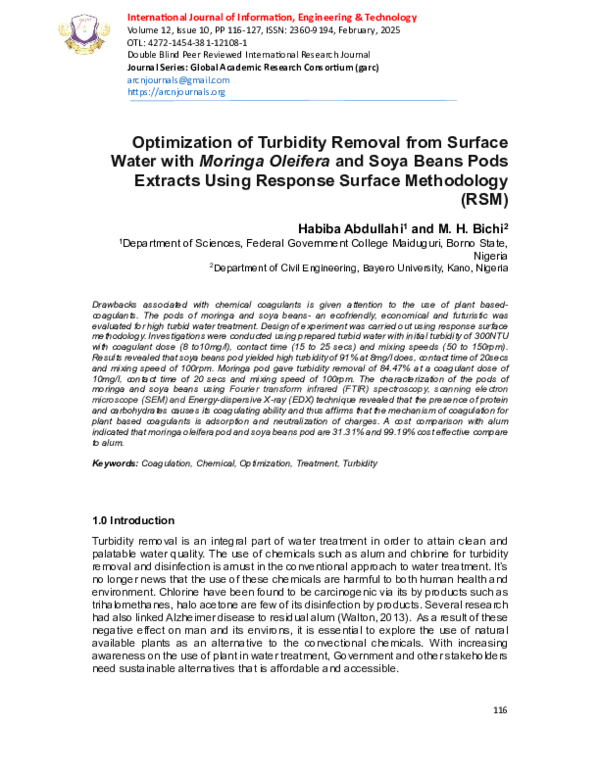(PDF) Optimization of Turbidity Removal from Surface Water with Moringa Oleifera and Soya Beans ...