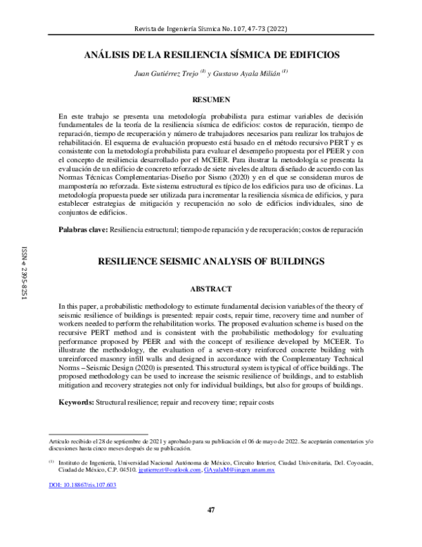 (PDF) Análisis De La Resiliencia Sísmica De Edificios