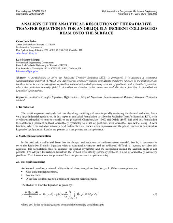 (PDF) Analisys of the Analytical Resolution of the Radiative Transfer Equation by for an ...