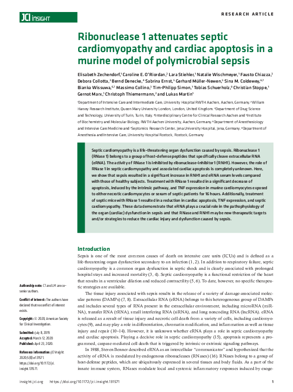 Ribonuclease 1 attenuates septic cardiomyopathy and cardiac apoptosis ...