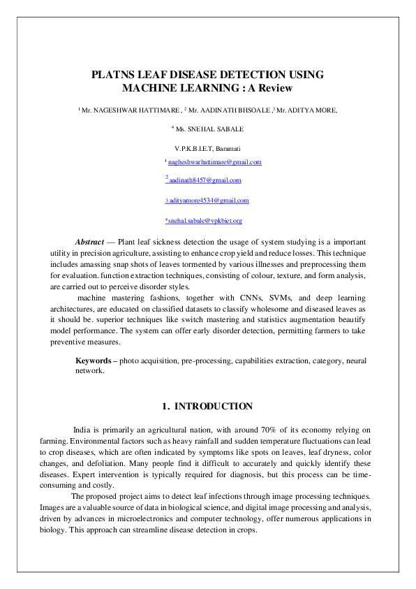 (PDF) PLATNS LEAF DISEASE DETECTION USING MACHINE LEARNING : A Review
