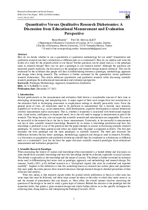(PDF) Quantitative Versus Qualitative Research Dichotomies: A ...