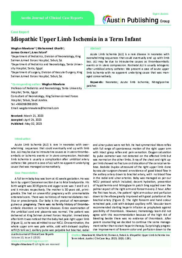 (PDF) Idiopathic Upper Limb Ischemia in a Term Infant