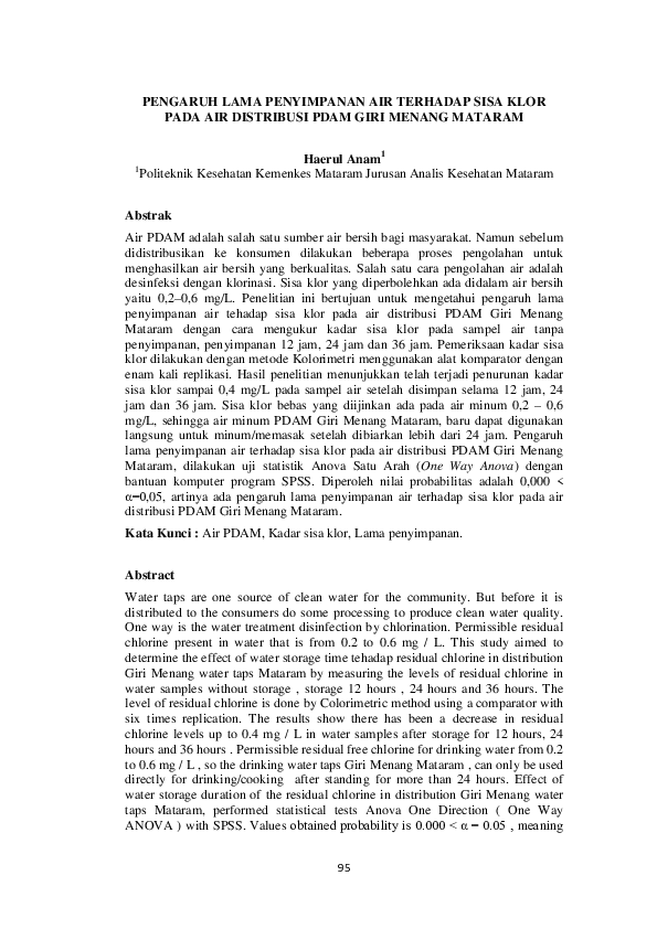 (PDF) PENGARUH LAMA PENYIMPANAN AIR TERHADAP SISA KLOR PADA AIR DISTRIBUSI PDAM GIRI MENANG MATARAM