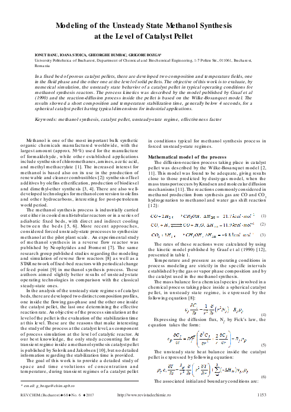 (PDF) Modeling of the Unsteady State Methanol Synthesis at the Level of Catalyst Pellet