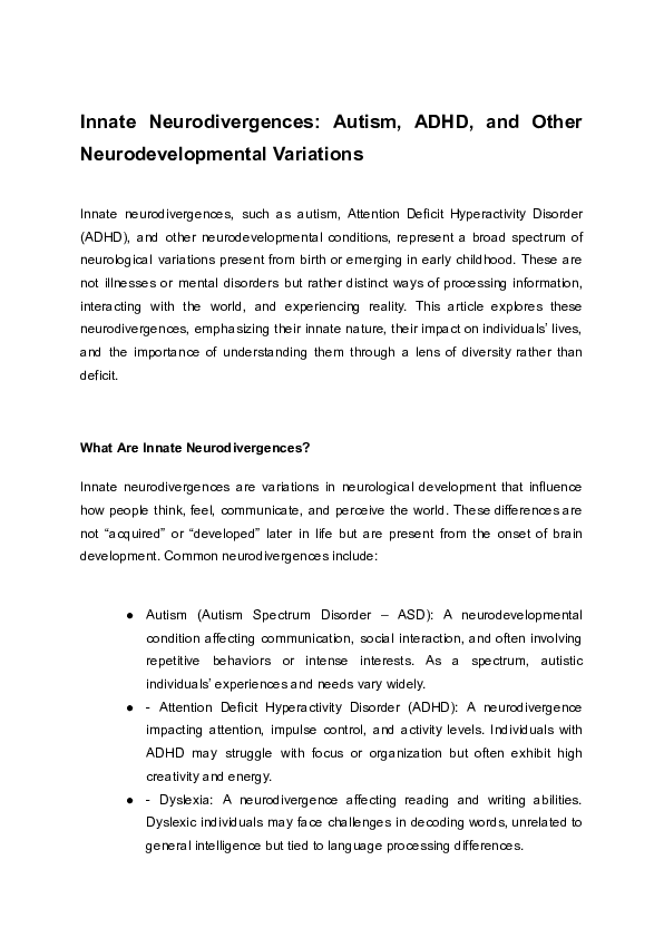 (PDF) Innate Neurodivergences Autism, ADHD, and Other Neurodevelopmental Variations