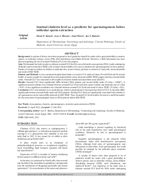 (PDF) Seminal clusterin level as a predictor for spermatogenesis before ...
